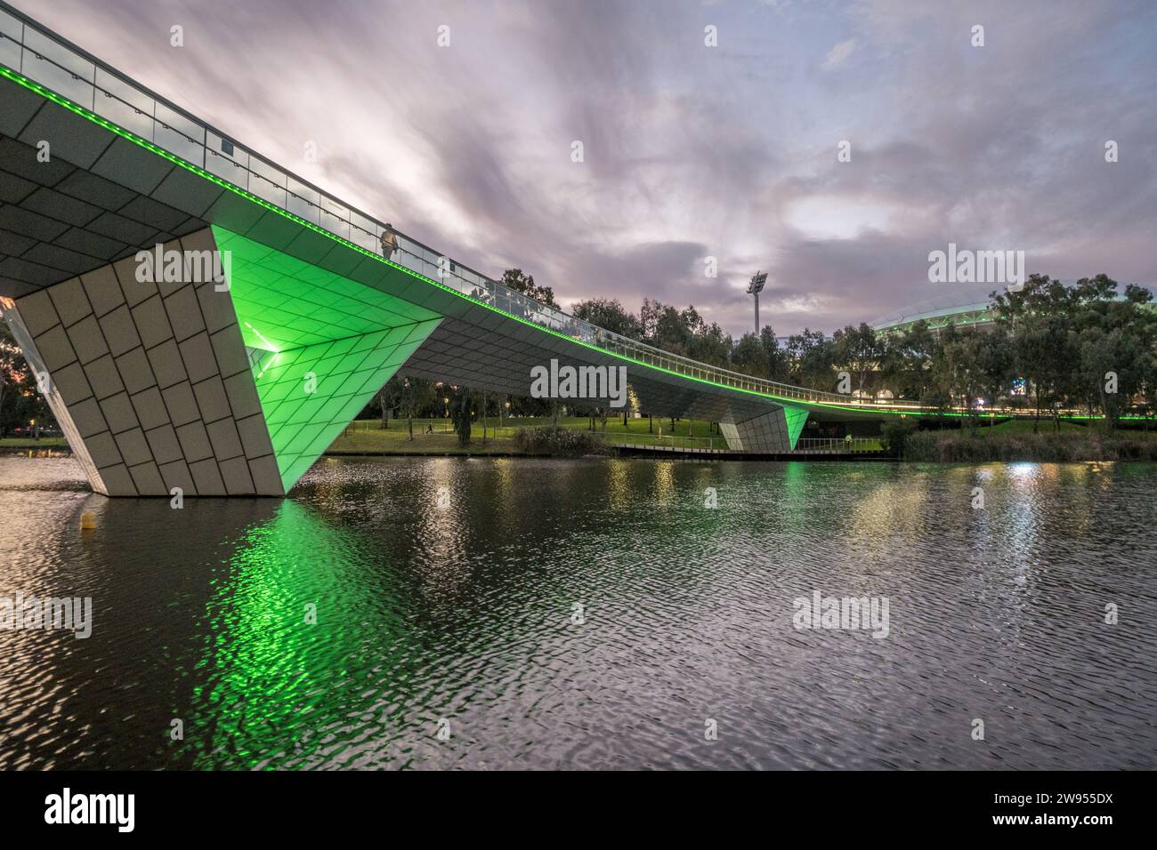 Riverbank Precinct Pedestrian Bridge with green lights in Adelaide ...