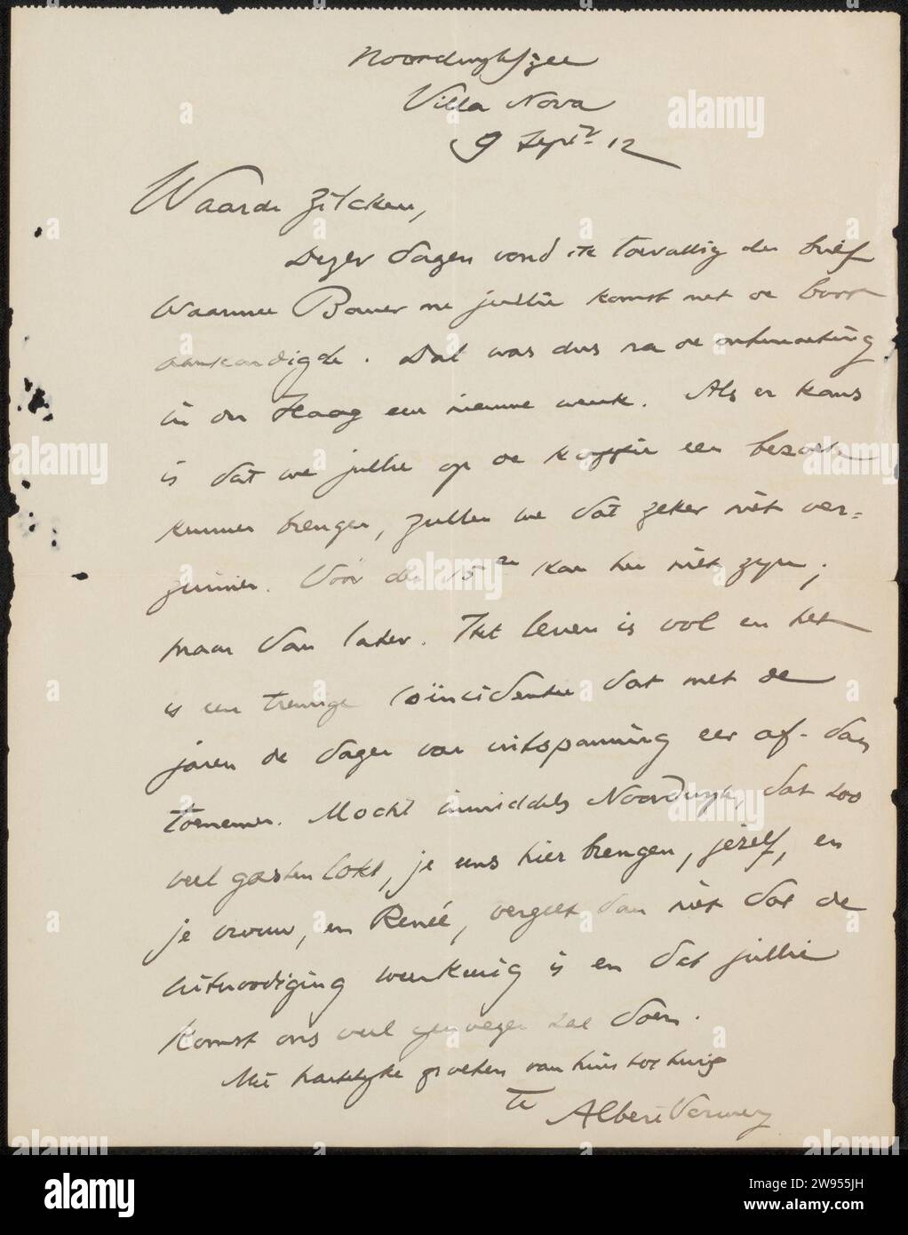 Letter to Philip Zilcken, Albert Verwey, 1912 letter Noordwijk aan Zee ...