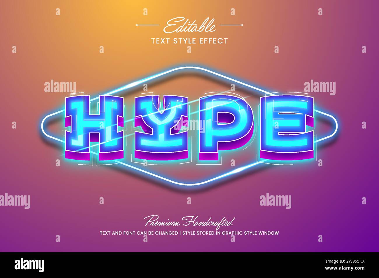 Glowing hype text vector graphic style on gradient background. Editable ...