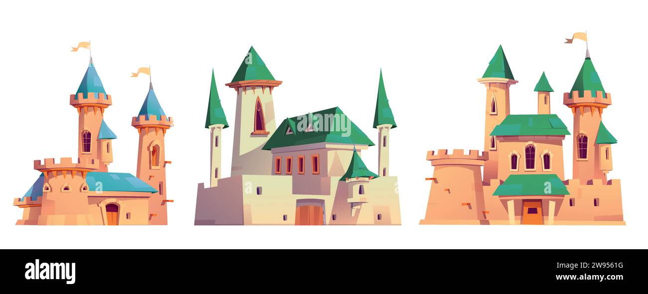 Cartoon set of medieval castles isolated on white background. Vector ...