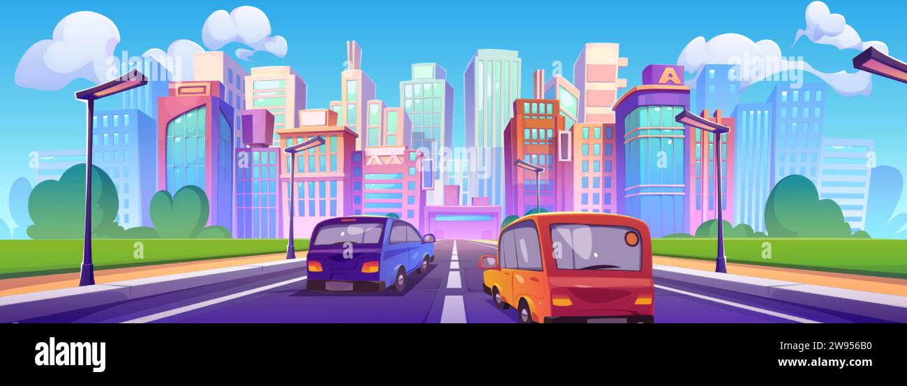 Cars driving highway towards modern city. Vector cartoon illustration ...