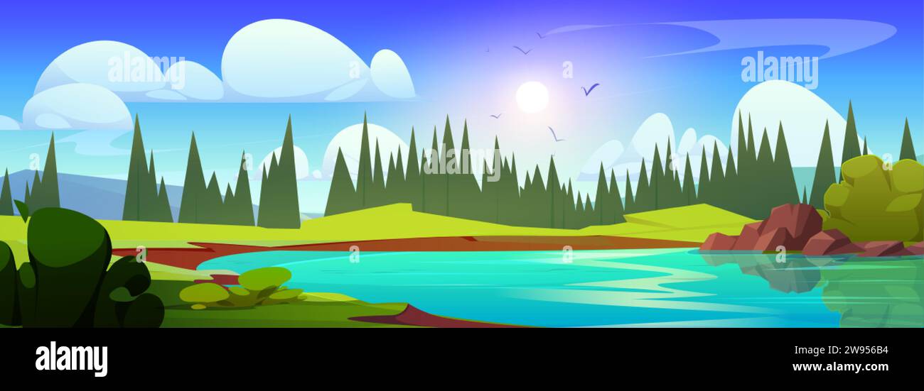Summer valley with lake and fir tree forest. Vector cartoon ...