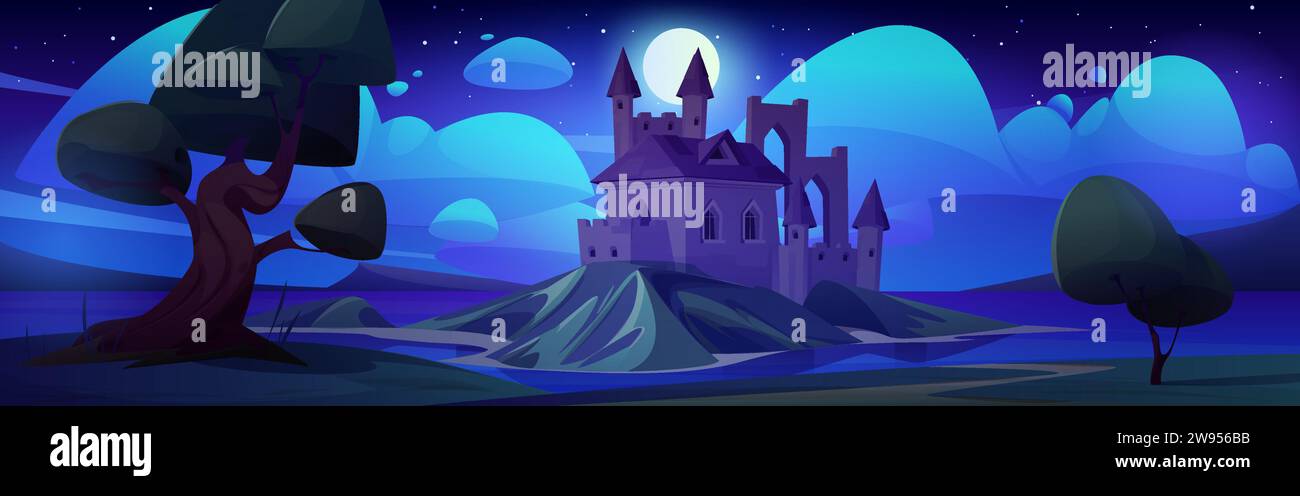 Night medieval castle on lake. Vector cartoon illustration of ancient ...