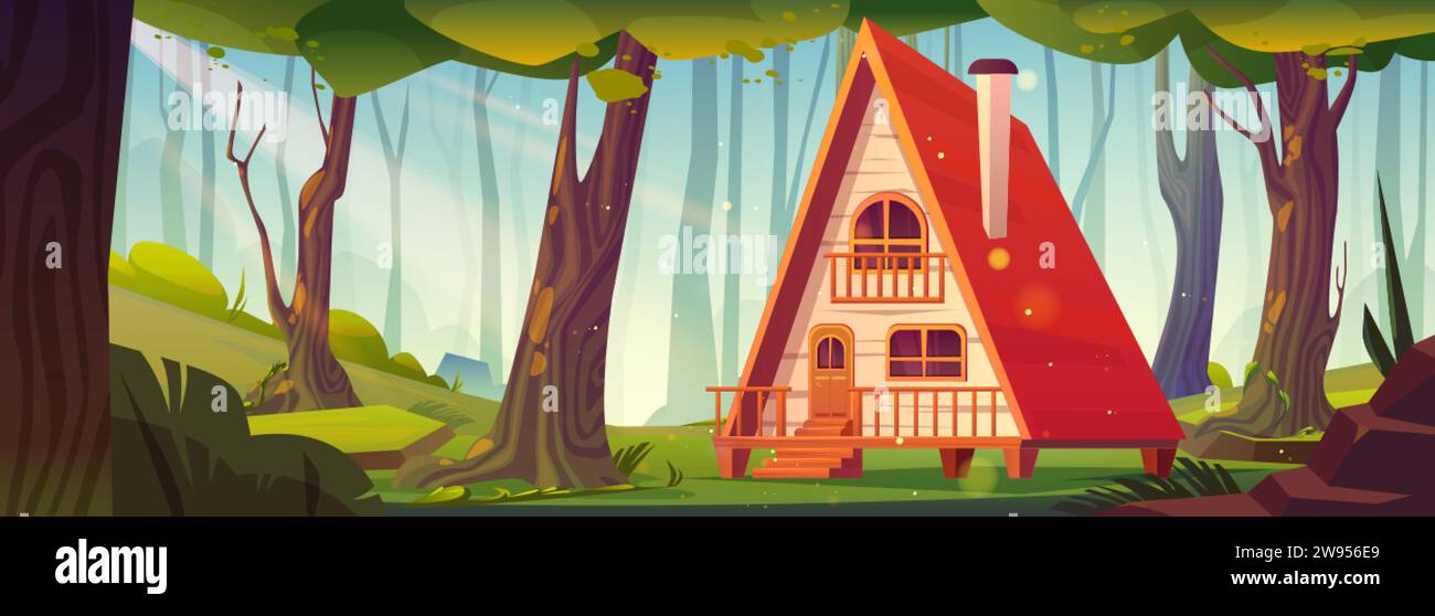 Cozy wooden house in summer forest. Vector cartoon illustration of nice ...