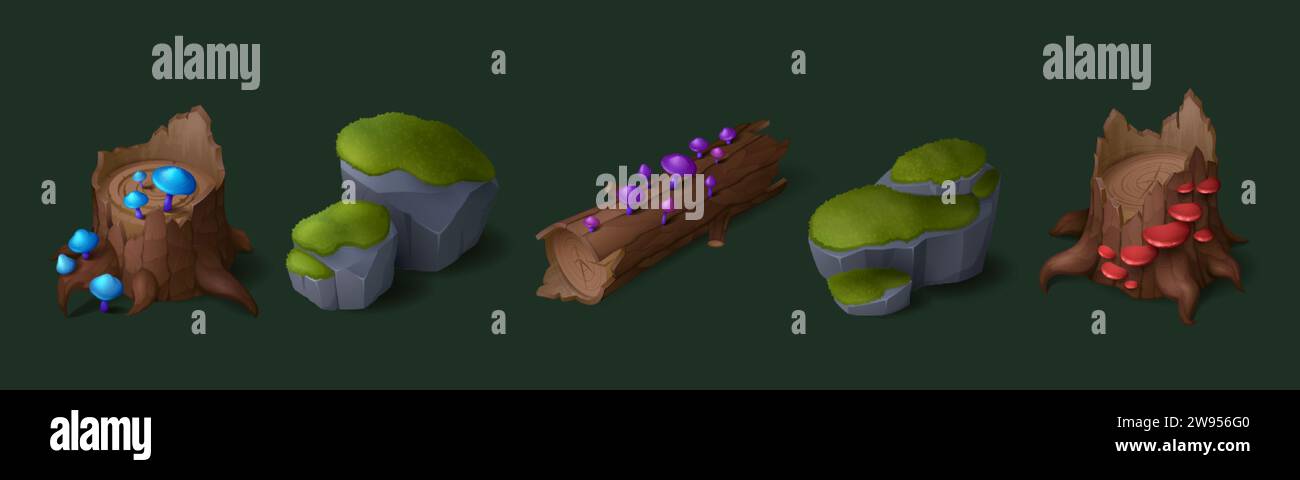 Forest stumps and stones set isolated on background. Vector cartoon ...