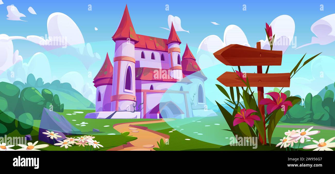 Fairytale castle on green summer landscape. Vector cartoon illustration ...