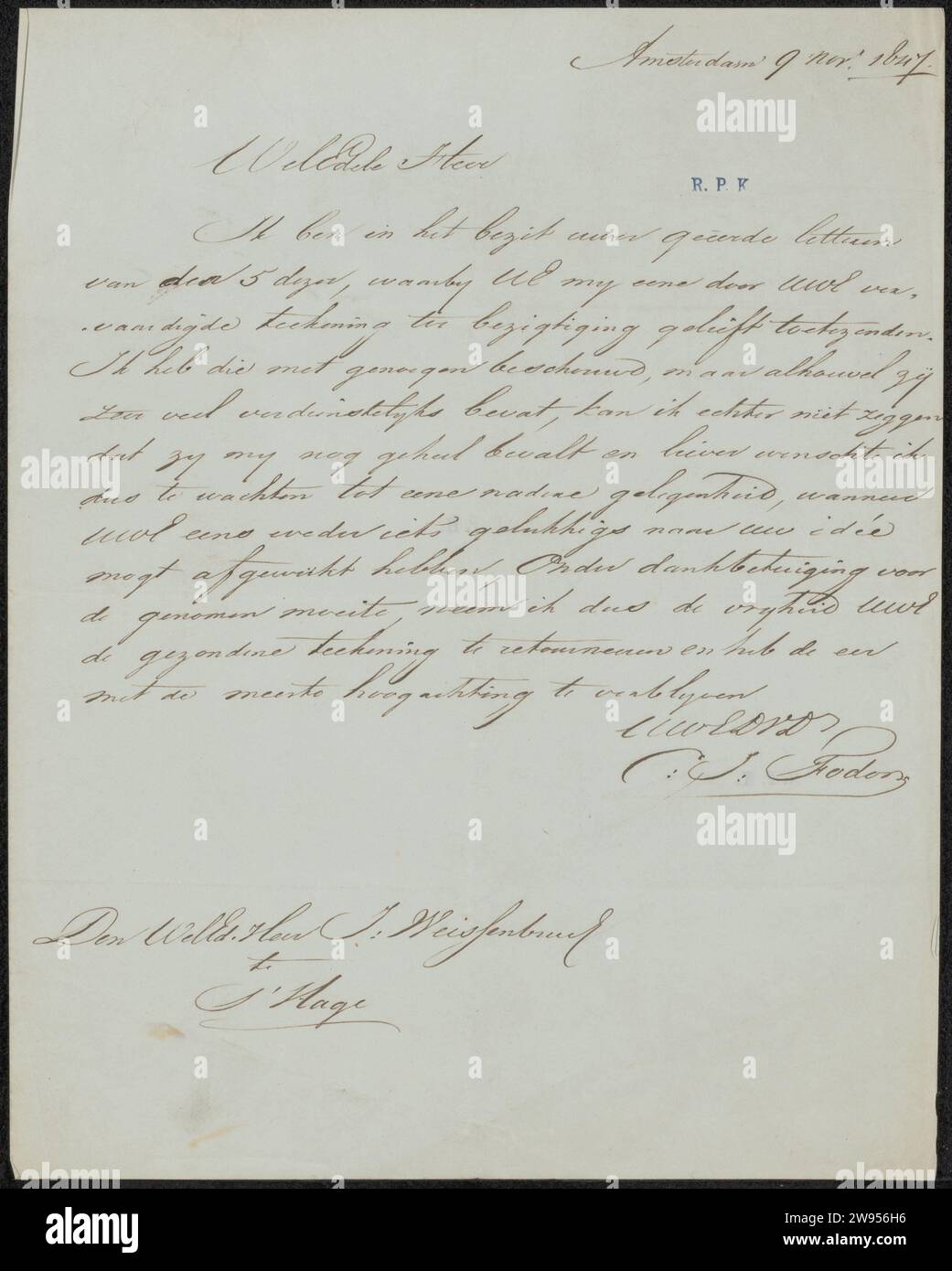 Letter to Jan Weissenbruch, Carl Joseph Fodor, 1847 letter Amsterdam ...