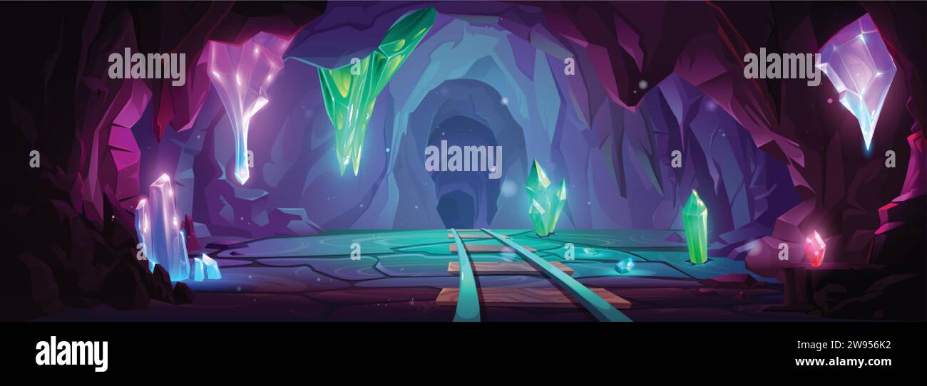 Mine cave with crystal cartoon game background. Underground tunnel ...