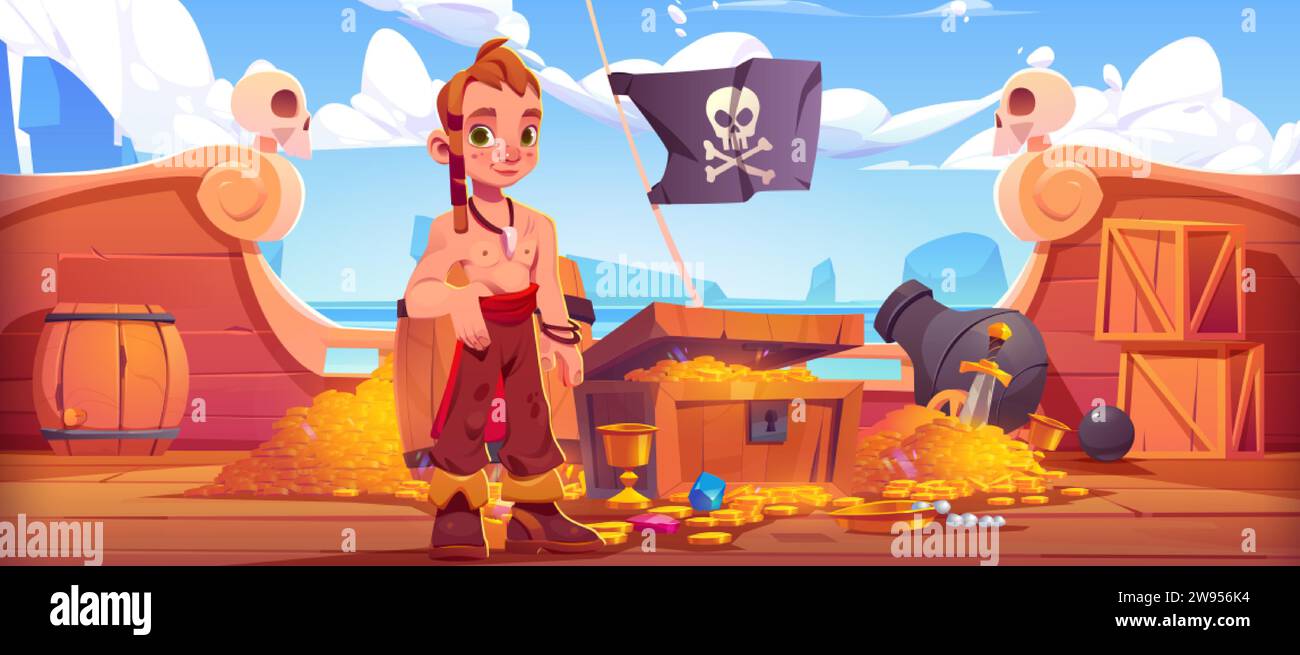 Little boy pirate stands on wooden deck of ship with treasure chest and ...