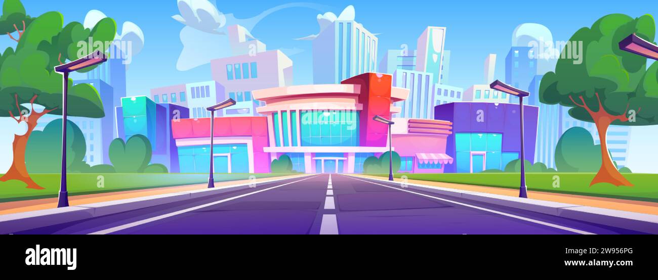 Big city with modern skyscrapers and highway perspective. Vector ...
