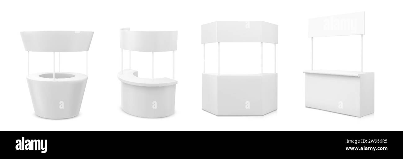 Advertising and promo booth stand. Realistic vector illustration set of white empty portable ...