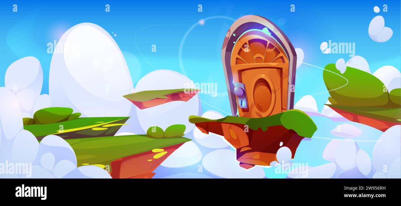 Floating island with wooden door in sky. Vector cartoon illustration of ...