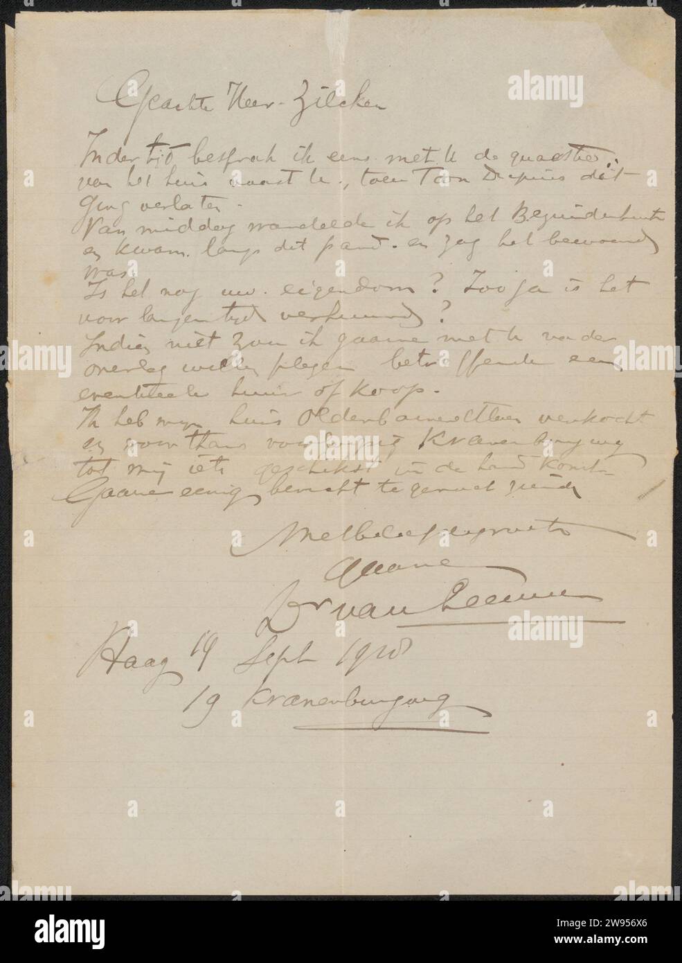 Letter to Philip Zilcken, Dr. van Leeuwen, 1918 letter The Hague ink ...