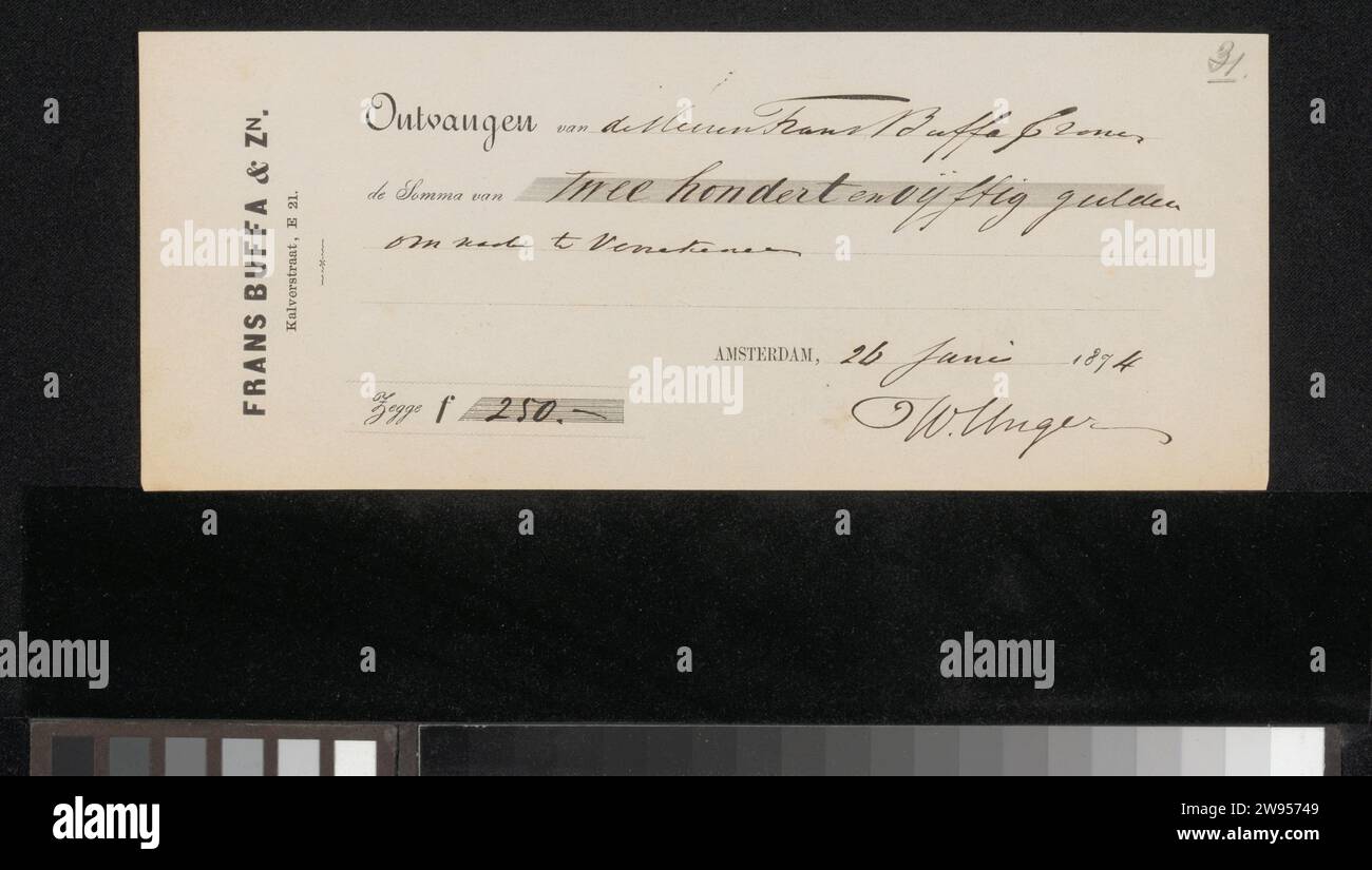 Receipt for William Unger, Frans Buffa and Sons, 1874 Amsterdam paper ...