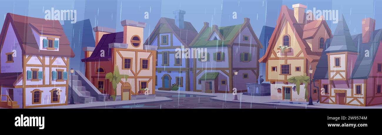 Medieval german city street with houses at rain. Cartoon vector ...