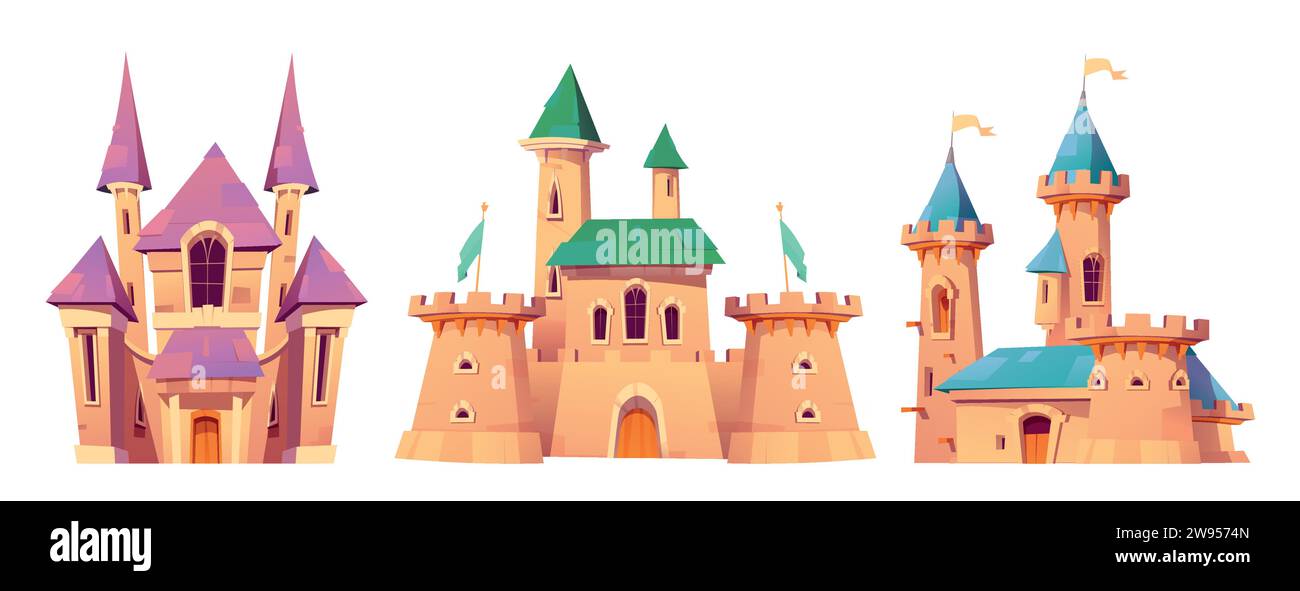 Medieval fairytale kingdom castle cartoon vector. King palace with tower and cute flag on ...