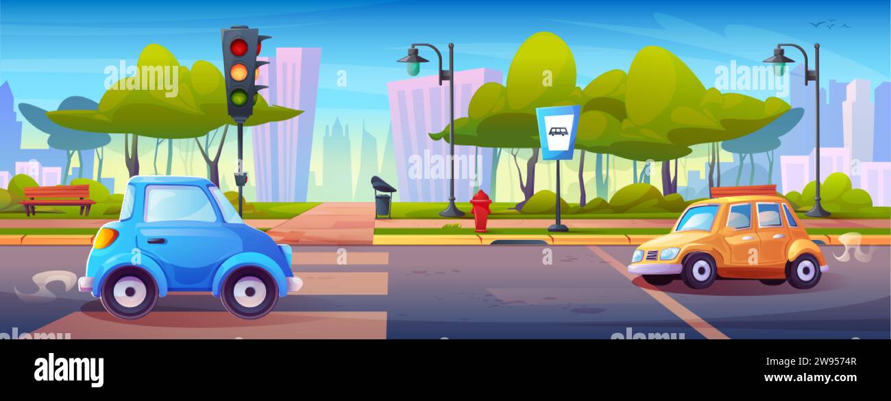Cartoon summer landscape of city street road with cars, traffic light ...