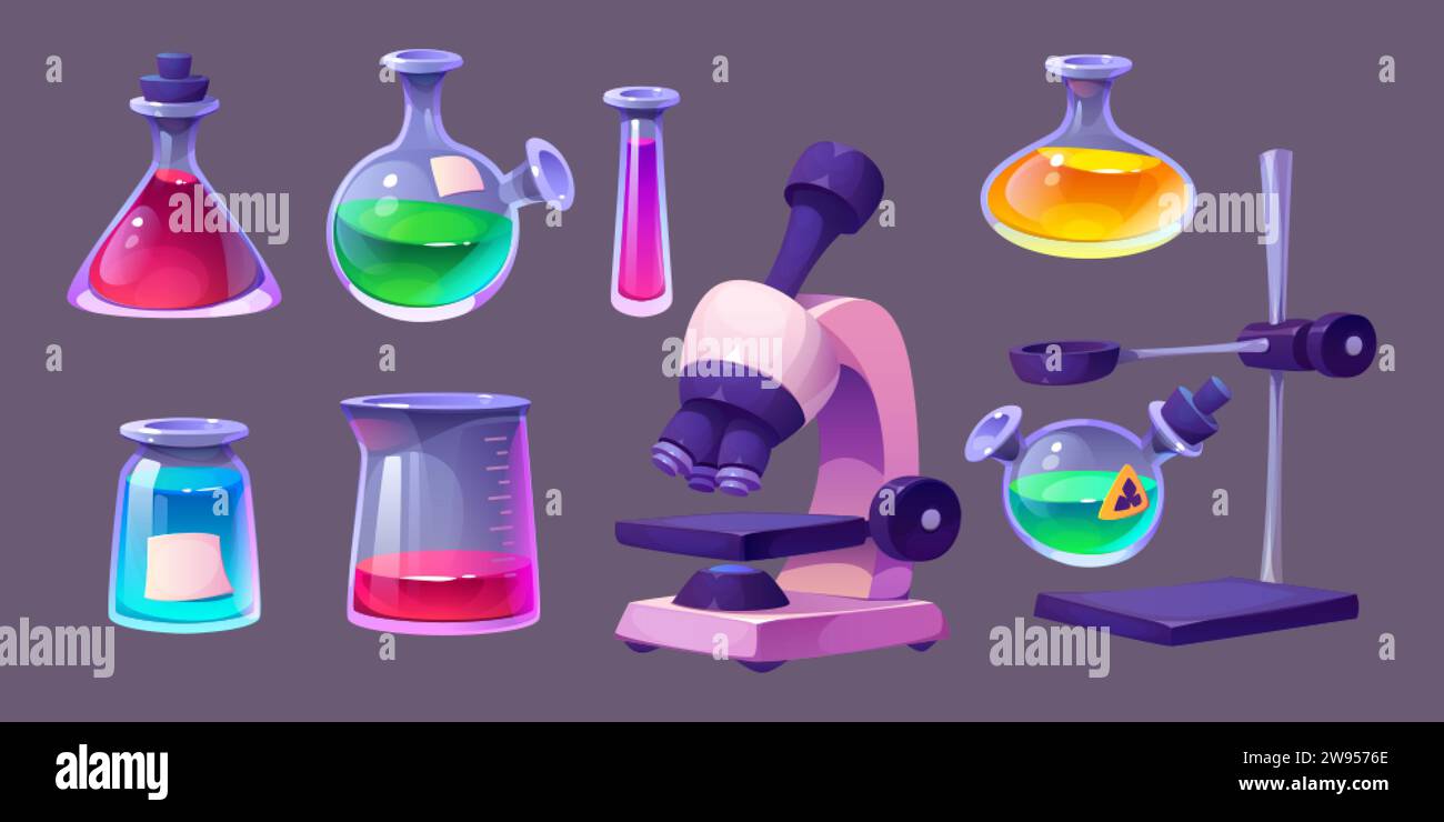 Chemical lab microscope and flasks set isolated on background. Vector ...