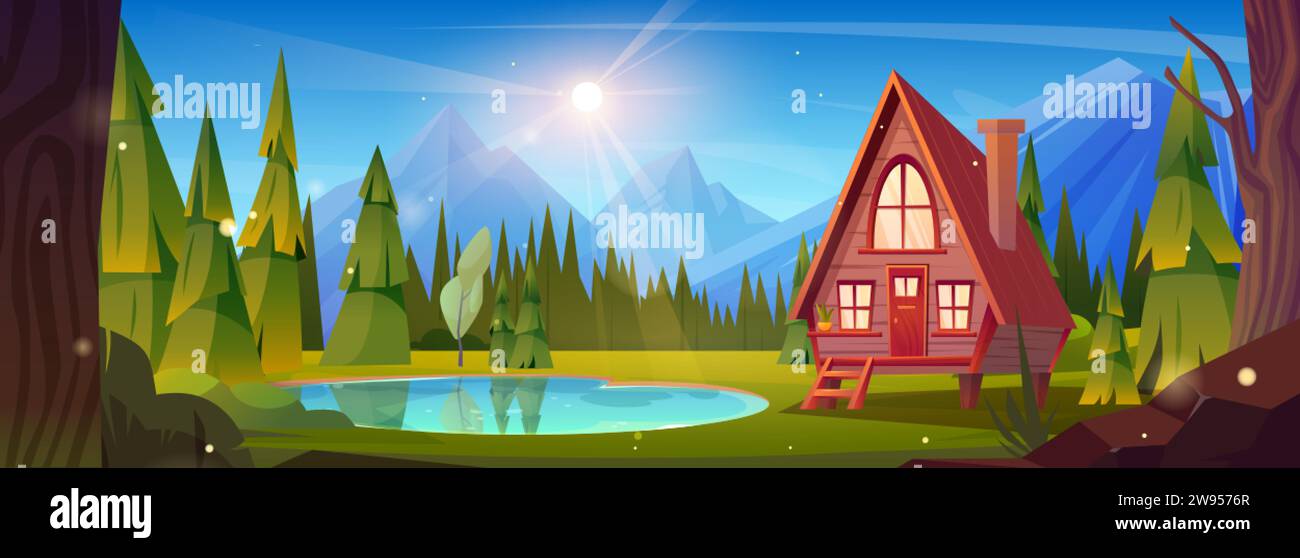 Forest lake house near mountain cartoon vector scene. Summer hut on ...