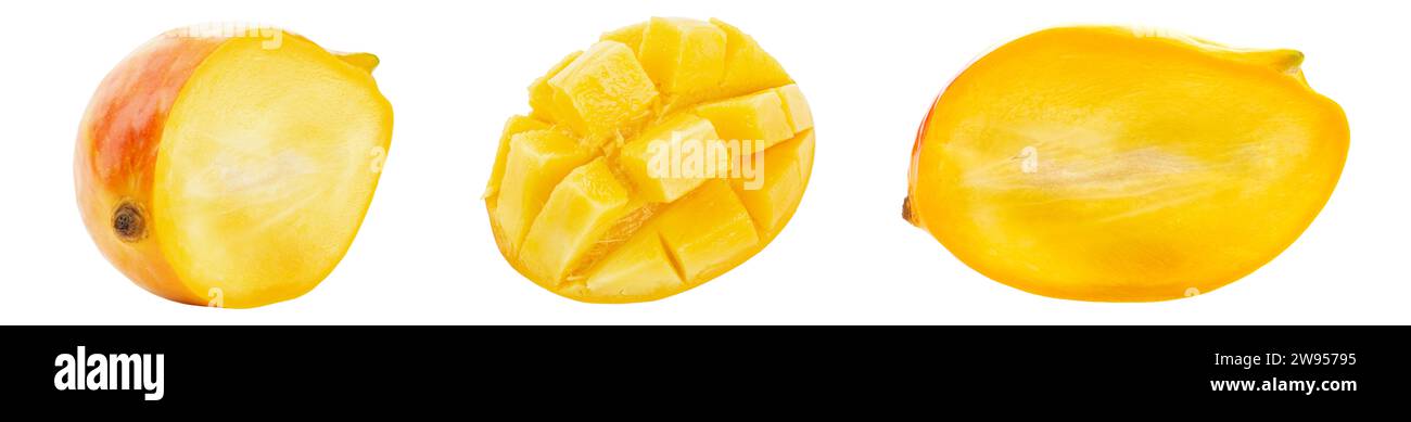 Set of mango fruits and mango slices isolated in white background ...