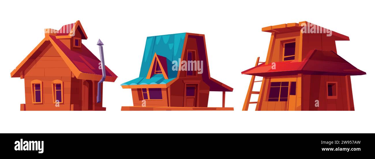 Set of wooden rural houses isolated on white background. Vector cartoon ...
