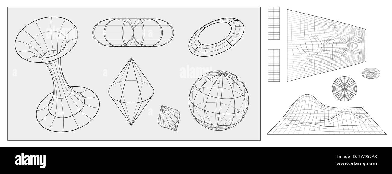 Y2k monochrome grid abstract shape and waved surface. Vector set of retro futuristic wireframe ...