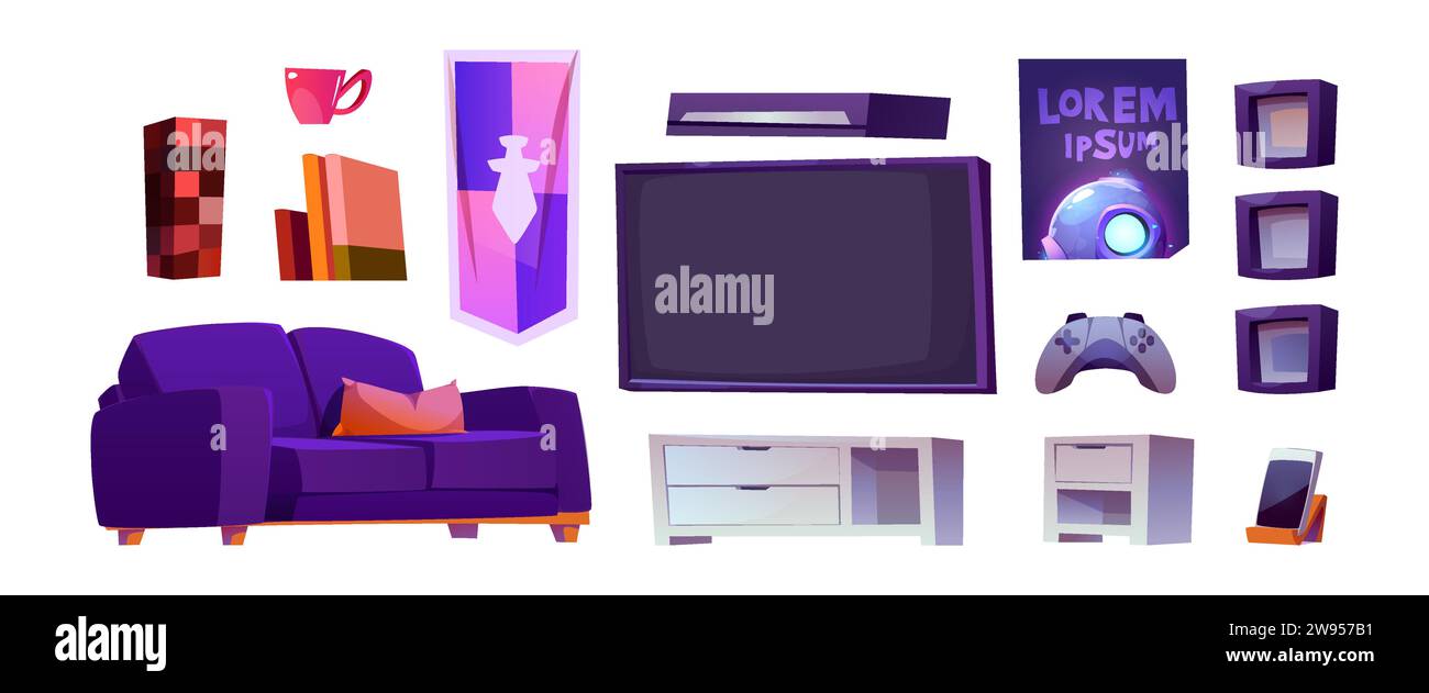 Room interior furniture and equipment for game and stream. Cartoon ...