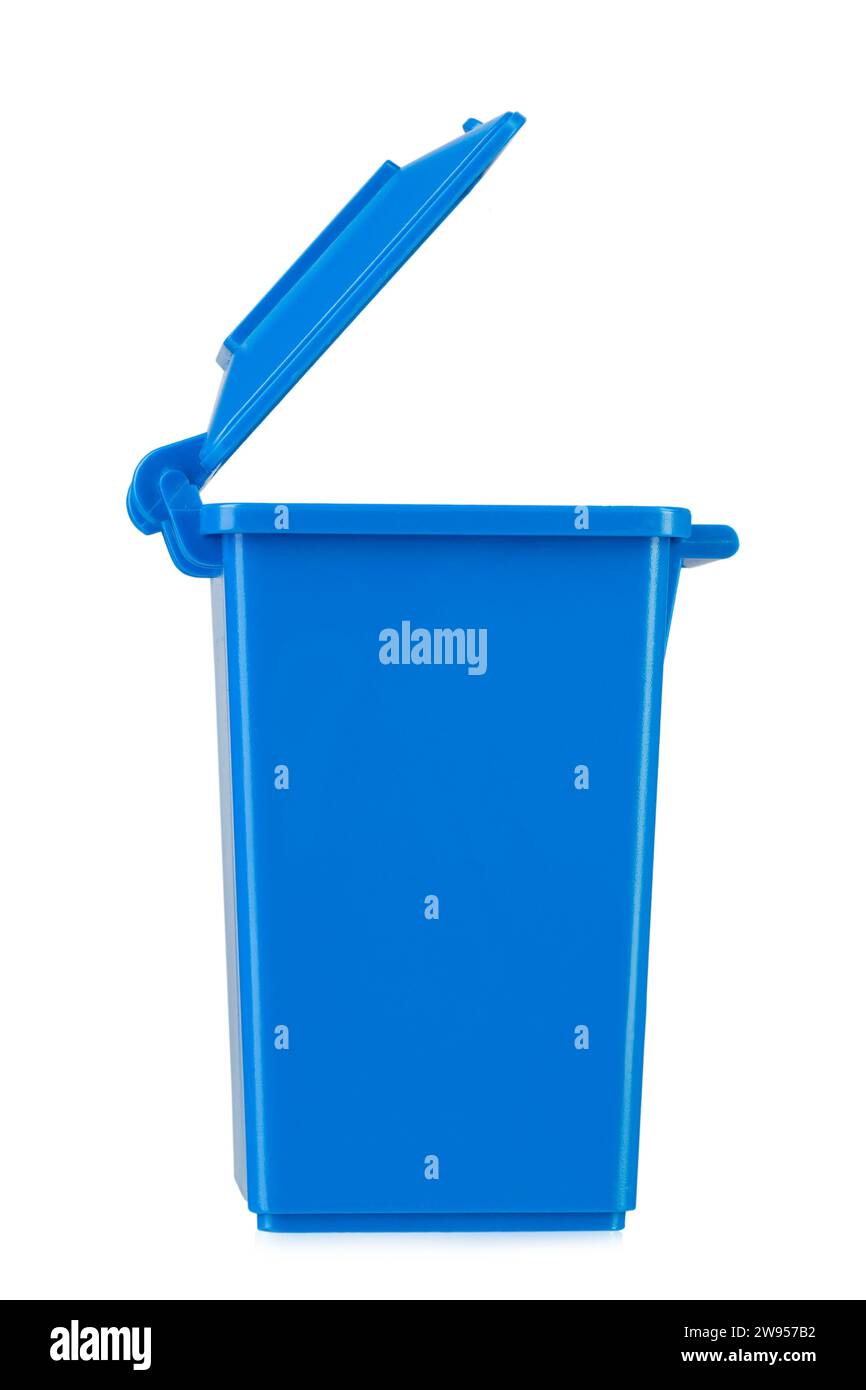 Blue recycling bin with open lid isolated on white background. Garbage ...