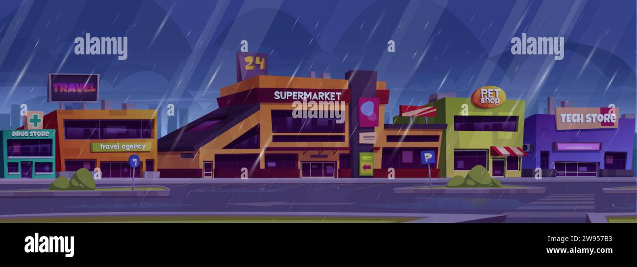 Rainy parking with autos outside supermarket. Vector cartoon ...