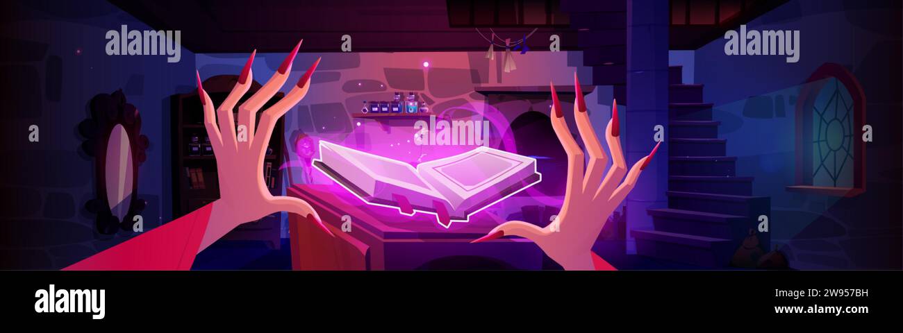 Witch hands conjure over magical flying glowing spell book with pink ...