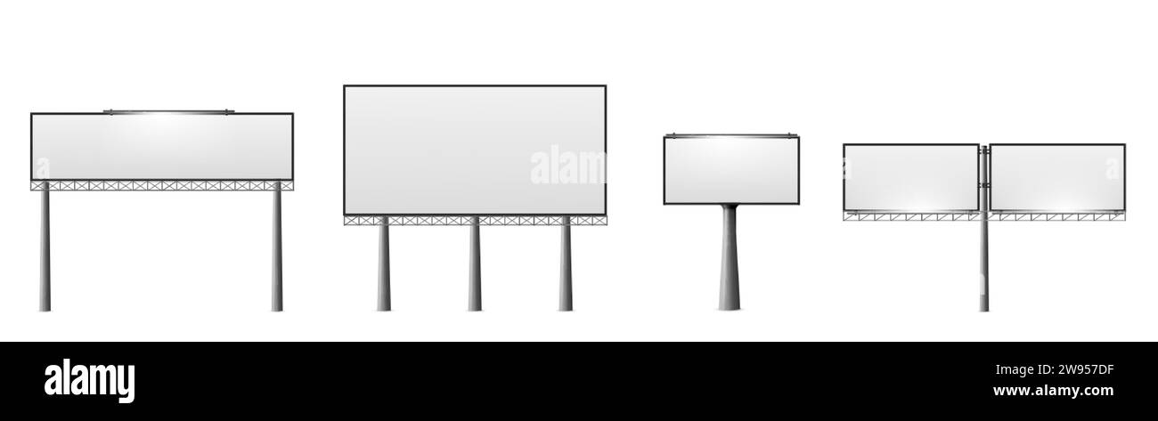 Street billboard mockup with blank white banner and lamps on metallic pillars. Realistic vector ...