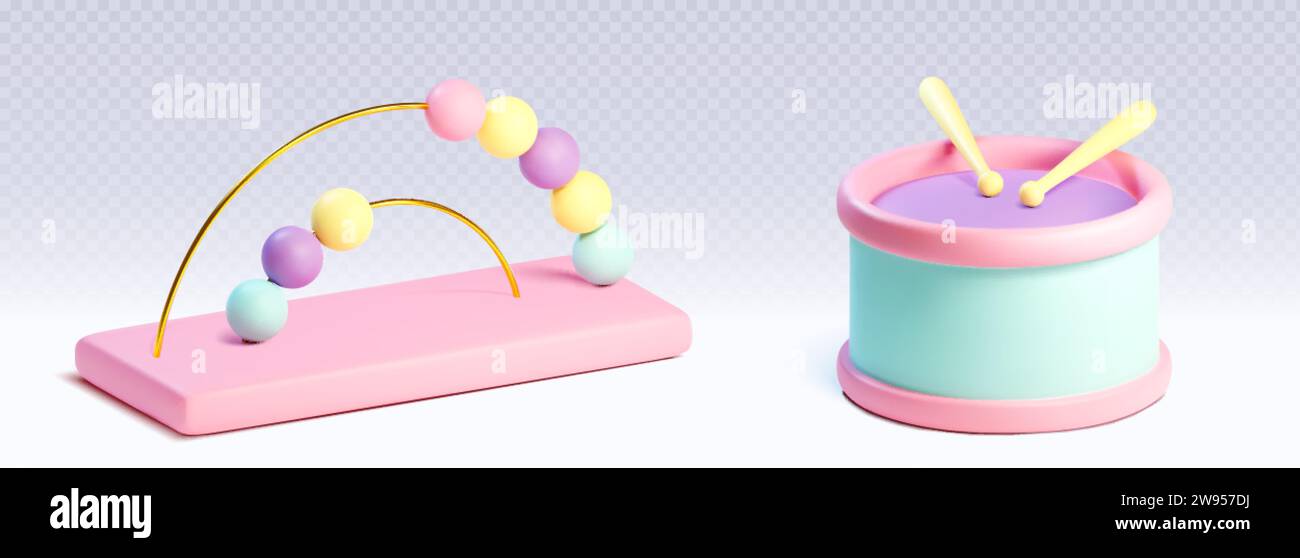 3d baby toy cute object set with drum vector icon illustration ...