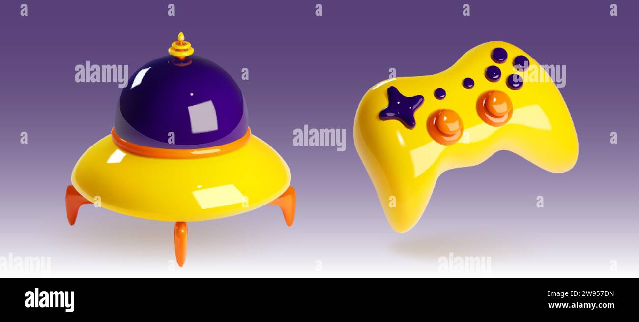 3D alien ufo and gaming joystick isolated on background. Vector ...