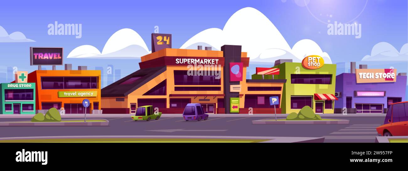 Parking with autos outside supermarket. Vector cartoon illustration of ...