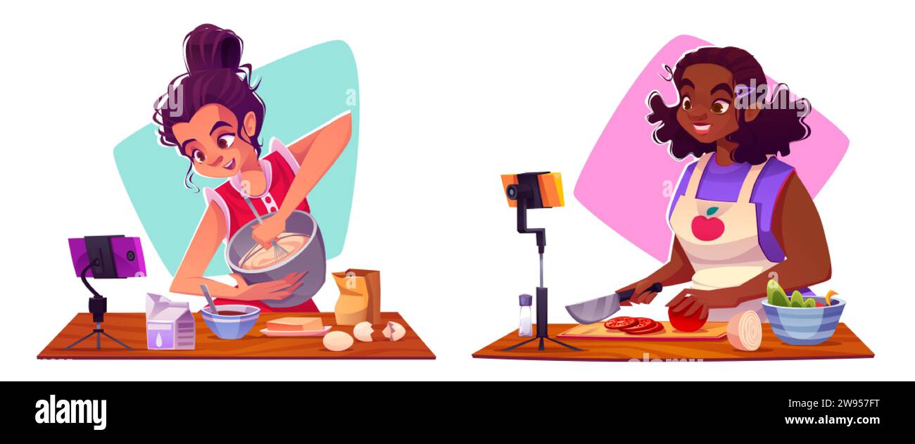 Food video blog - cartoon vector illustration set of two young women ...