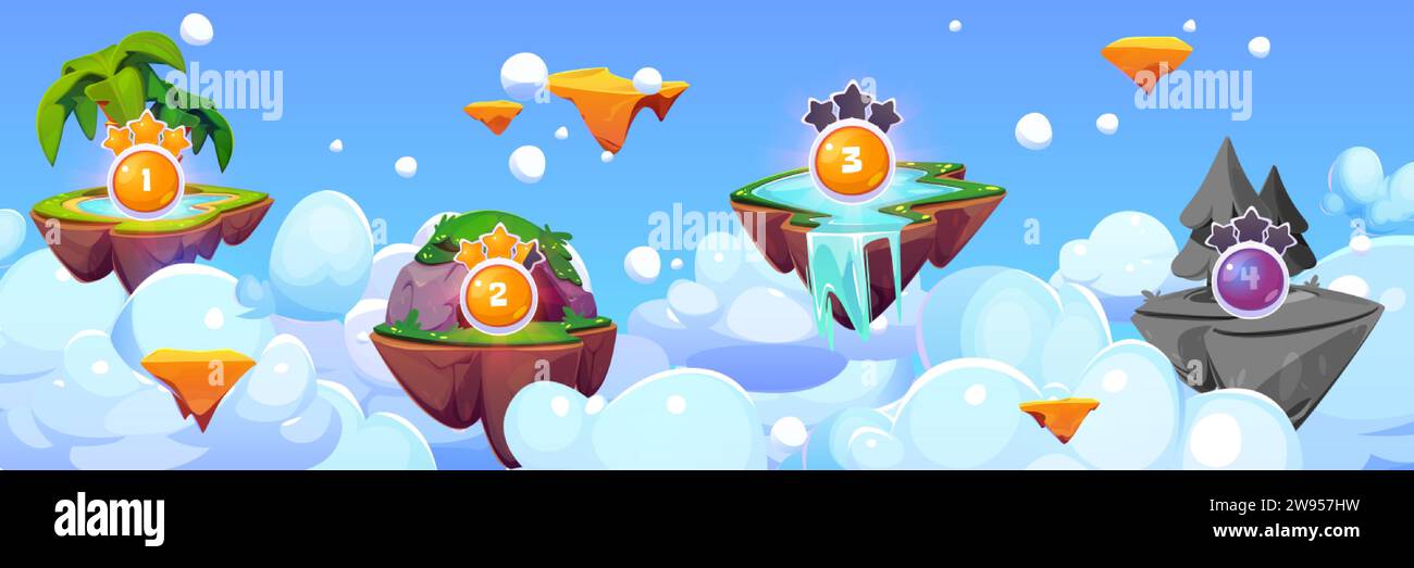Arcade game levels map with floating islands on sky background. Vector ...