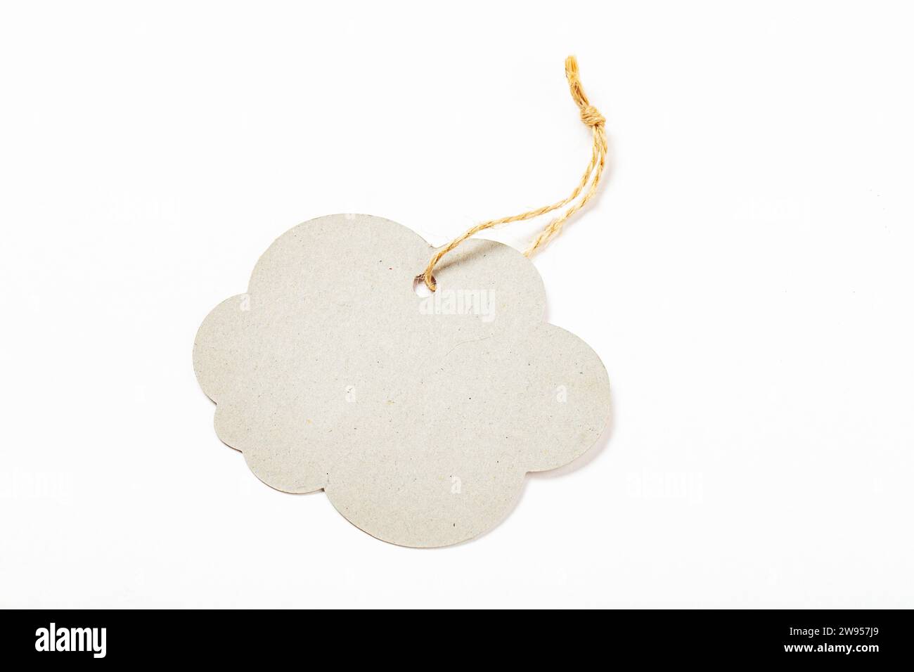 Cardboard label with slim rope on white background. Price tag or ...