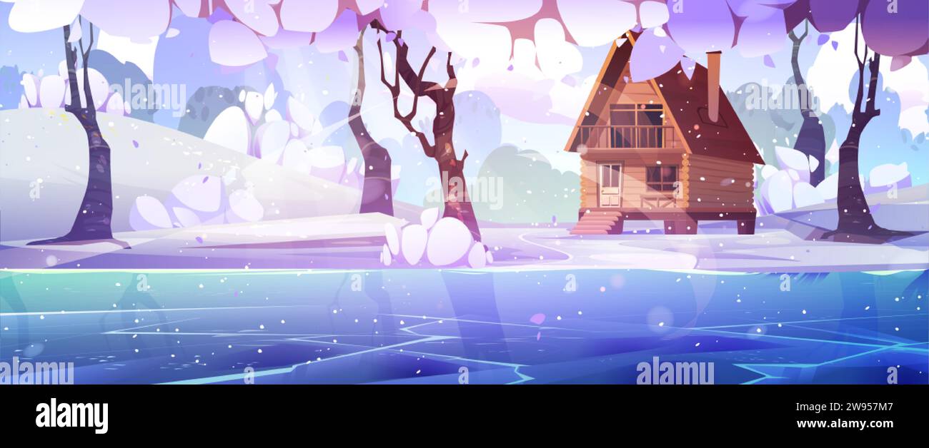 Cozy log house in winter forest. Vector cartoon illustration of wooden ...