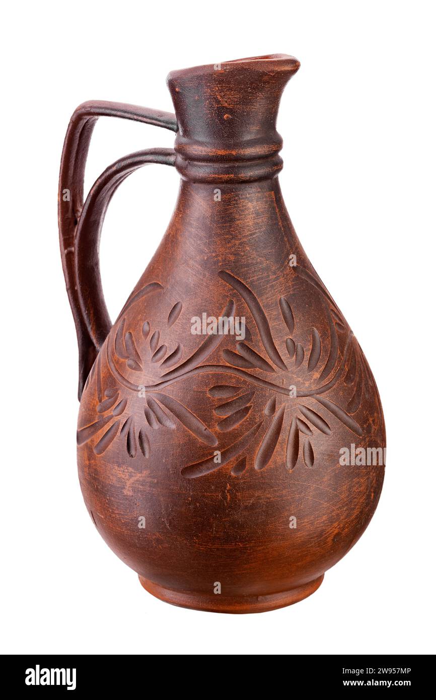 Clay jug with a narrow neck liquid for water or wine, isolated on white ...