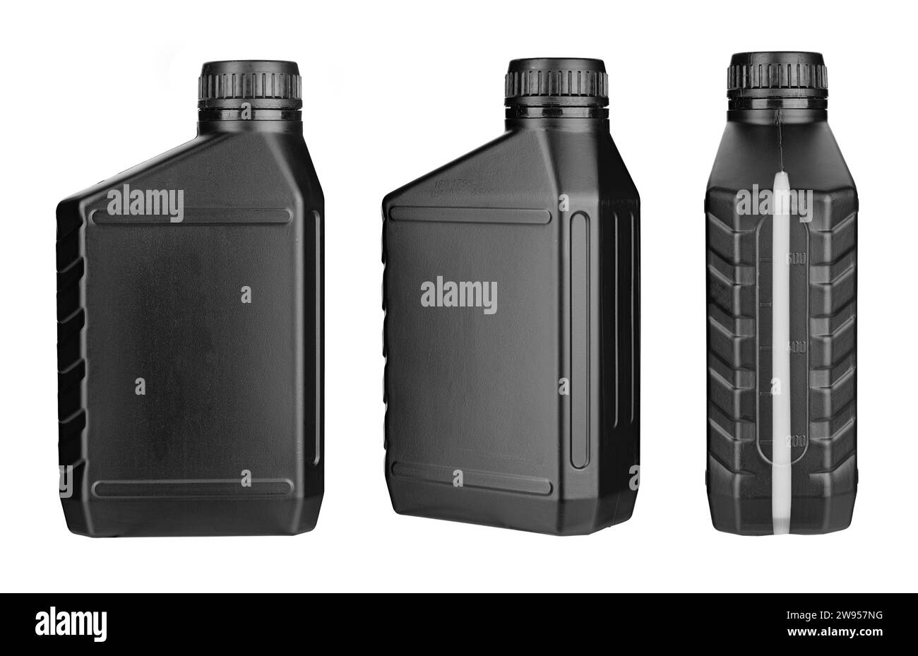 Plastic black containers for engine oil. Set from different angles ...