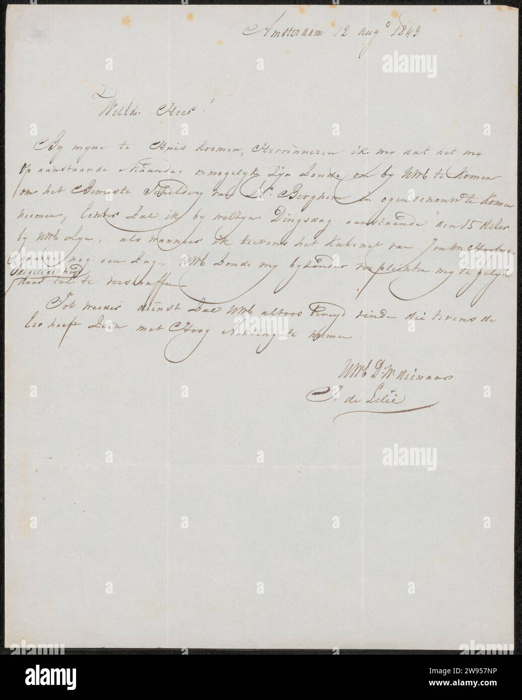 Letter to Anonymous, Jan Adriaan Antonie de Lelie, 1843 letter ...