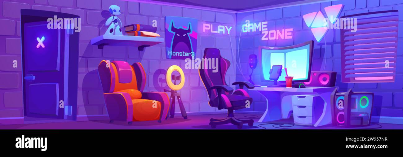 Cartoon room with gaming and streaming setup - table with computer and ...
