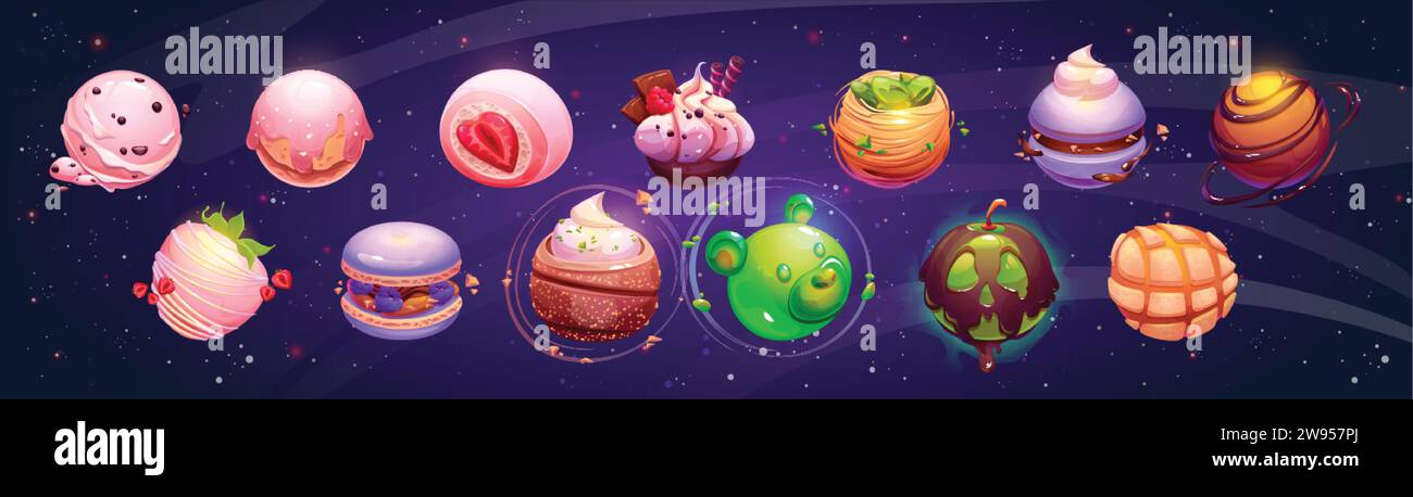 Candy space planet game world vector cartoon set. Magic chocolate and ...
