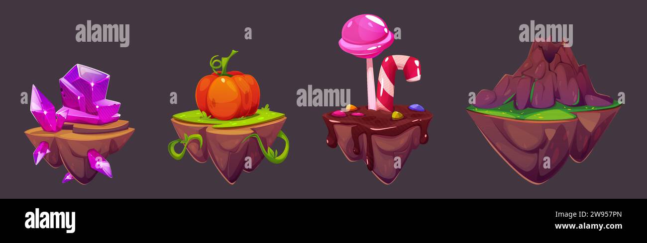 Game floating islands with glossy violet gemstone clusters, ripe ...