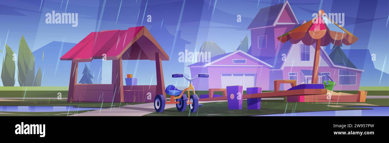 Children playground in rainy weather. Vector cartoon illustration of ...