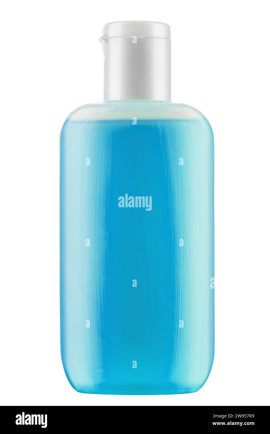 Cosmetic bottle blue color isolated on white background. Antimicrobial ...