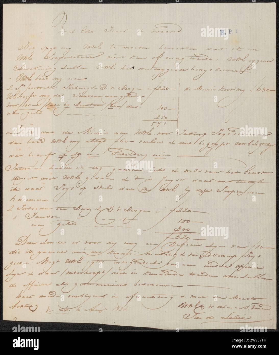 Letter to Anonymous, Jan Adriaan Antonie de Lelie, 1832 letter paper ...