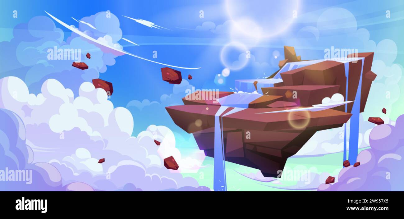 Rocky island with waterfall floating in sky. Vector cartoon ...