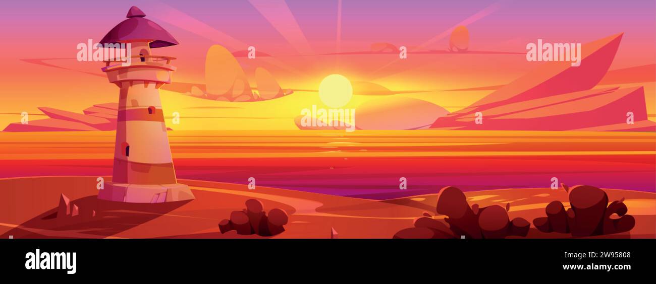 Lighthouse against sunset seascape background. Vector cartoon ...