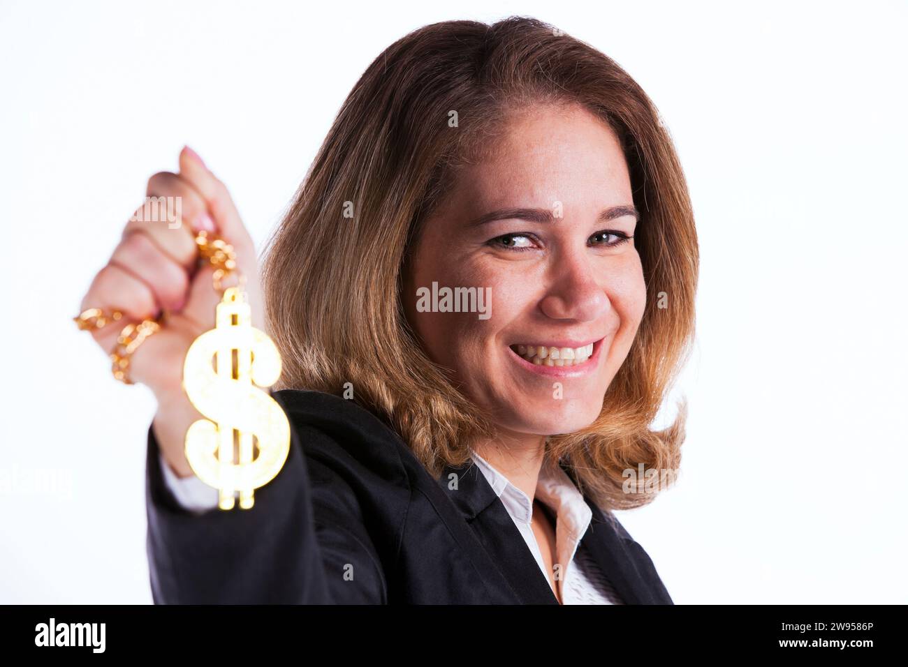 Happy and rich businesswoman showing her gold dollar symbol necklace ...